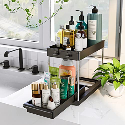 BuyBuyQUEEN 2 Pack Under Sink Organizers and Storage,2 Tier Kitchen Sink Organizer,Under the Sink Pull Out Cabinet Organizer with 4 Hooks Sliding Shelf for Bathroom Organization