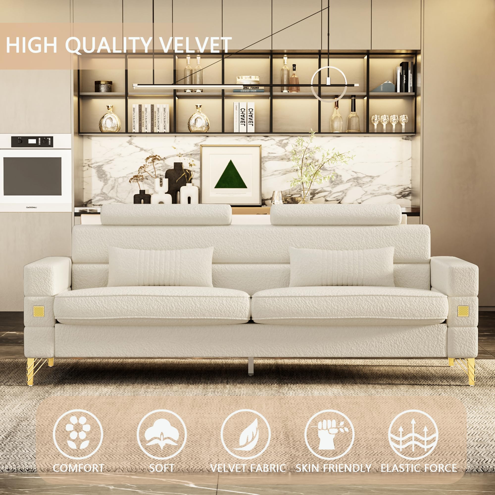 85 in 3-Seat Couch Velvet Couch, Mid Century Modern Couch Love Seats with Solid Wood Frame & 2 Same Color Pillows & Gold Couch Legs, Velvet Sofa Comfy Couch for Large Living Room Space(P17-White)