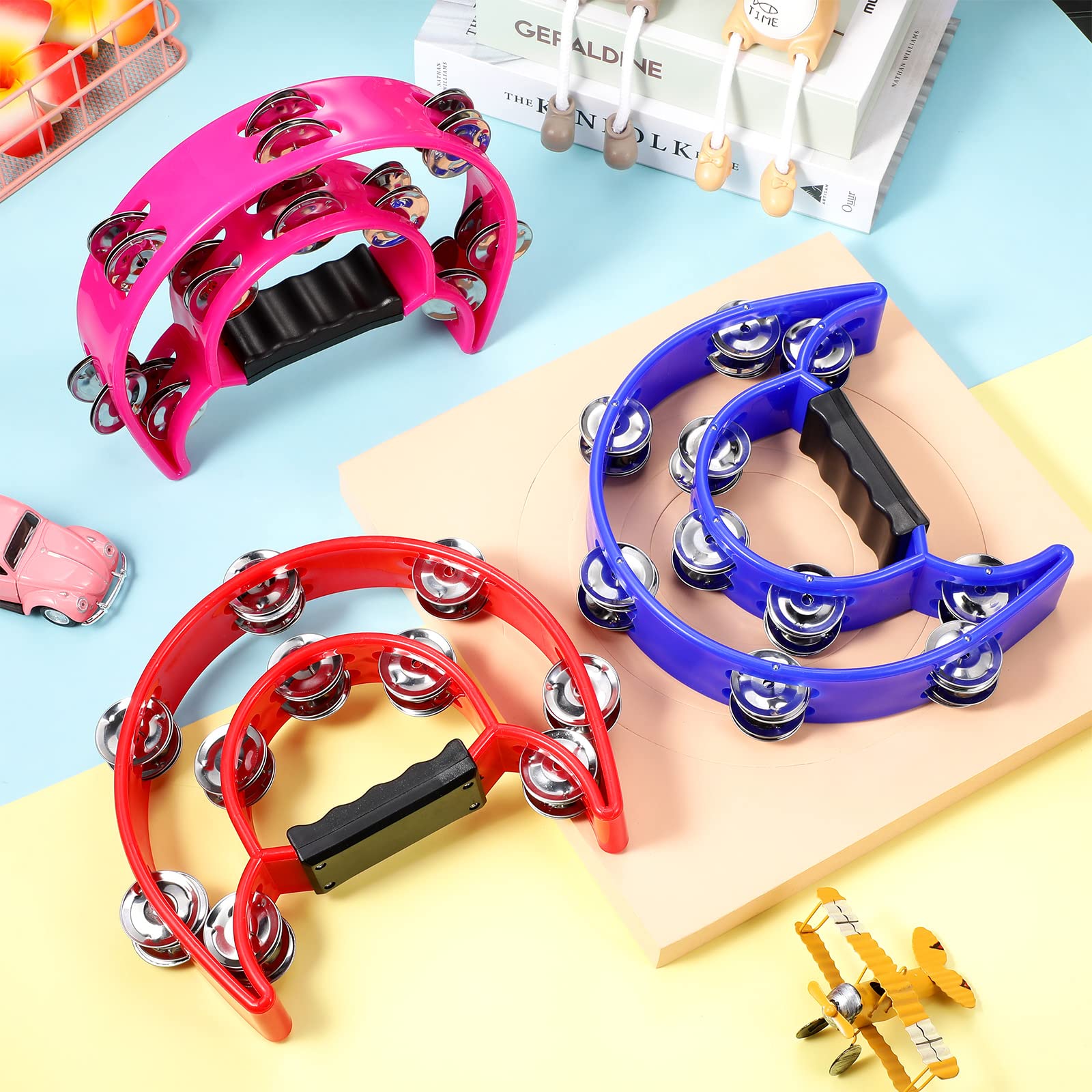 7 Pieces Double Row Tambourine Half Moon Musical Tambourine Plastic Tambourines Musical Instrument Handheld Tambourine Percussion Metal Jingles Hand Held Percussion Drum for Party Performance Concert