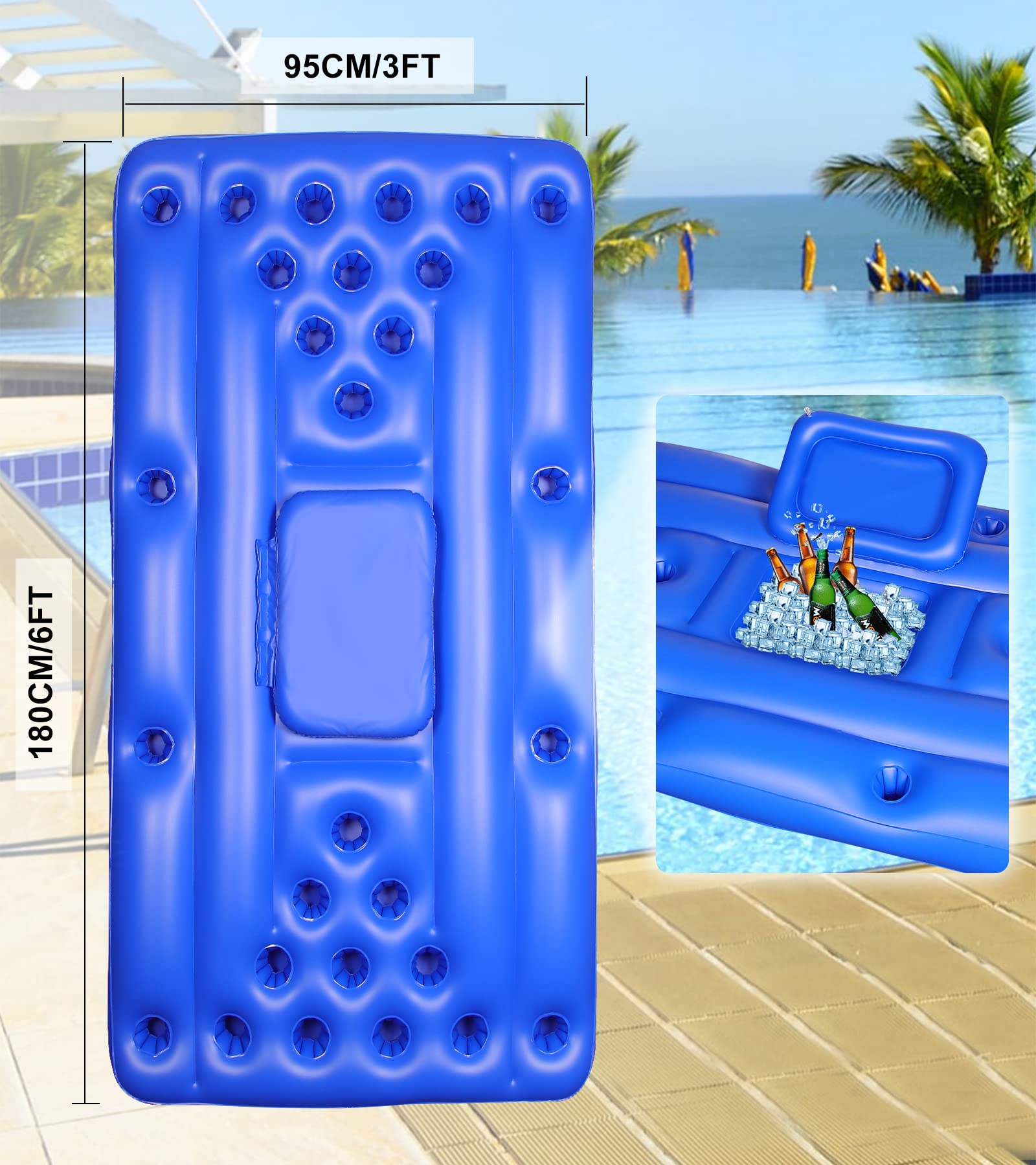 6 Feet Floating Beer Pong Table 28 Cup Holders Inflatable Beer Pong Pool Games Float for Summer Party Pool Float, Cooler, Pool Party Lounge Raft for Adults (Blue)