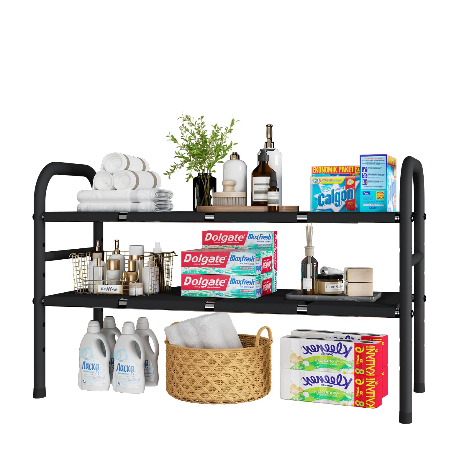 WonCherry Expandable Under Sink Organizers, 2-Tier Kitchen Bathroom Cabinet Storage Counter Shelf, Shoe Storage Rack with 8 Removable Plastic Boards for Kitchen, Bathroom, Pantry, Entryway, Closet