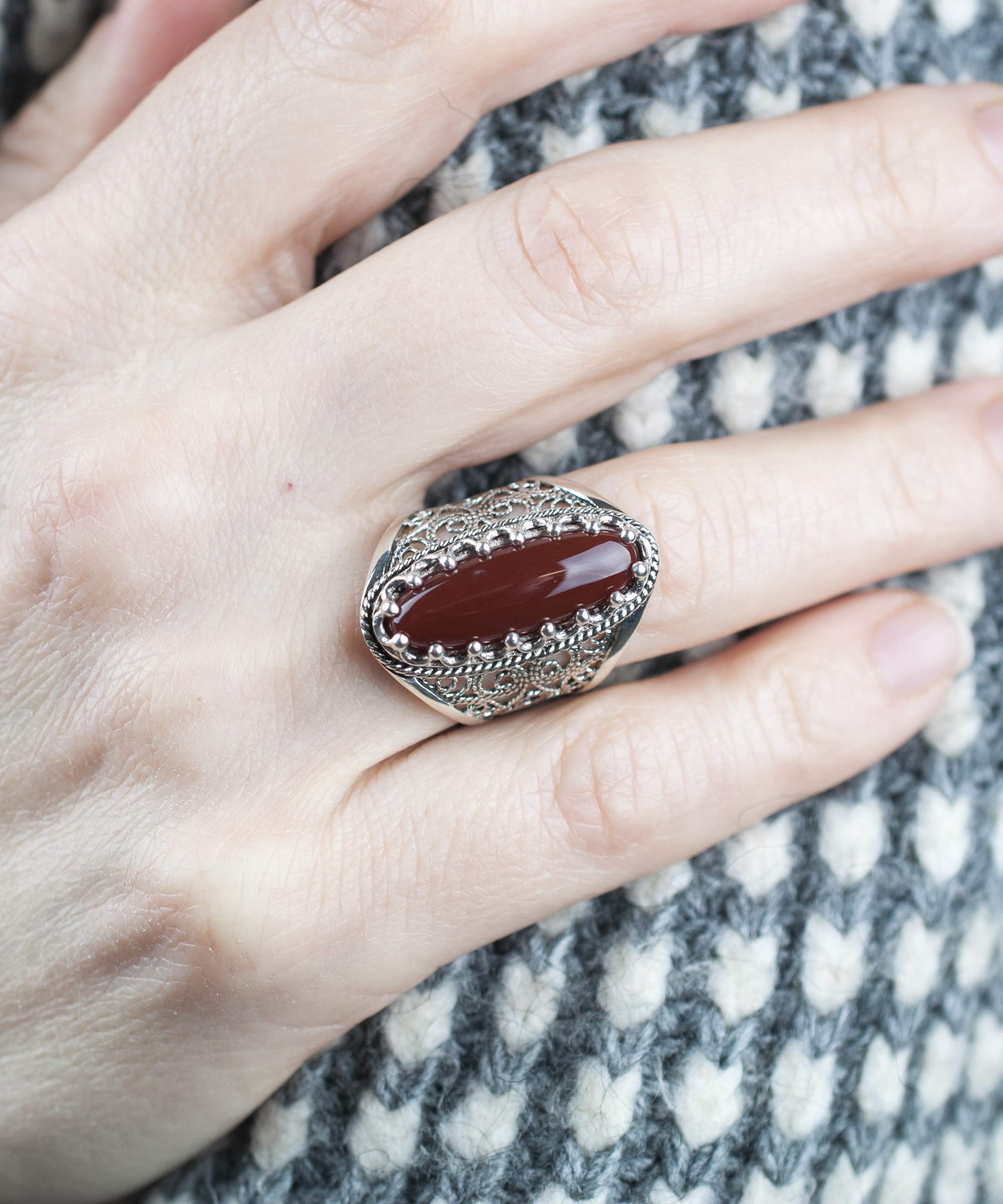 925 Sterling Silver Carnelian Filigree Elongated Statement Ring (Size 6-11) (8)
