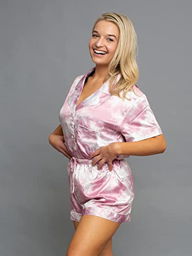 Belle's Design Women’s Tie Dye Short Sleeve Satin Silk Pajama Set Button Down 2 pieces Loungewear Sleepwear (Dusty Pink, XX-Large)