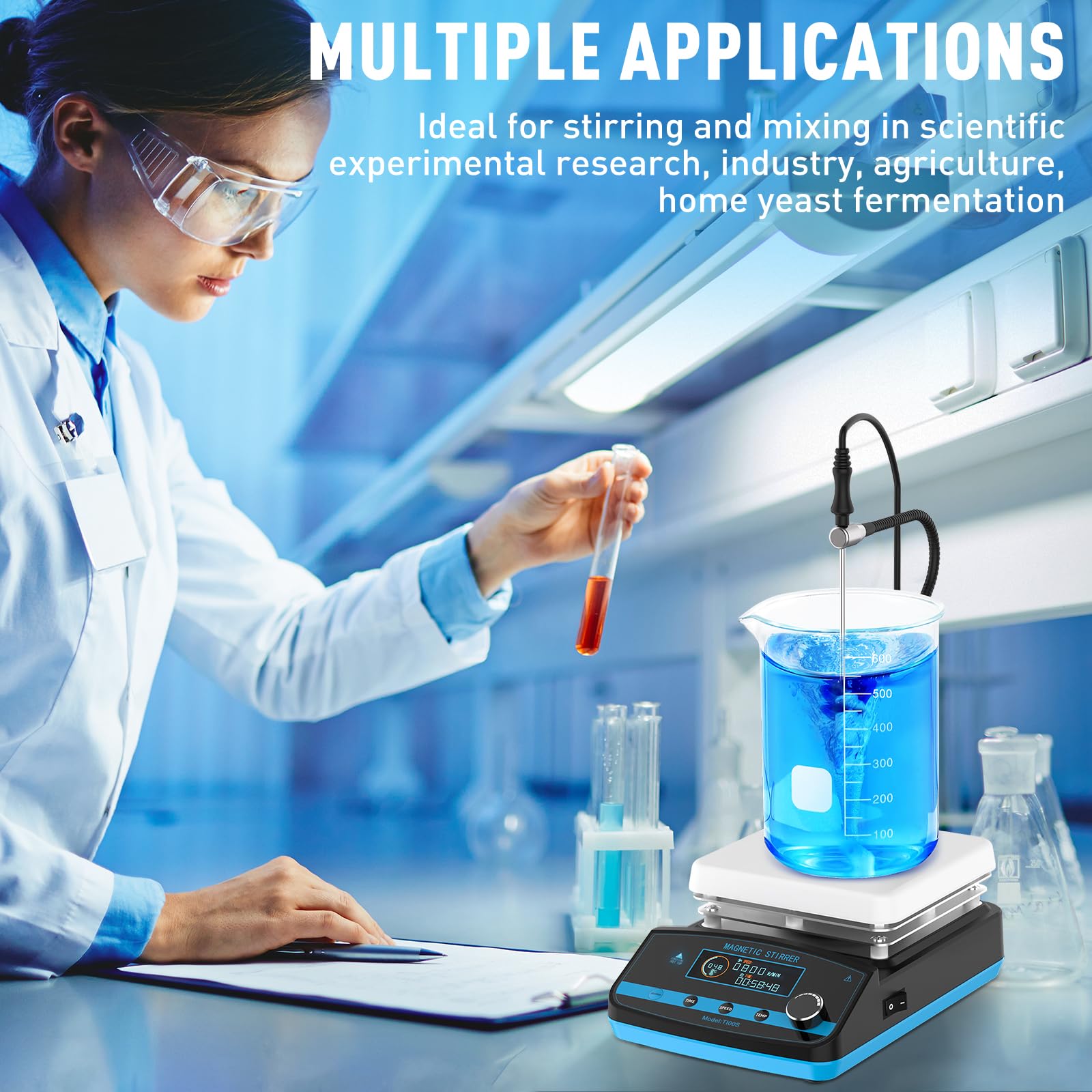 Digital Magnetic Stirrer Hot Plate w/Temp Sensor, 572℉ Magnetic Stir Plate w/3 Stir Bars, Max 6L Capacity Hot Plate Stirrer, 100-2000 RPM Magnetic Hotplate Stirrer w/LCD Display n Support Stand