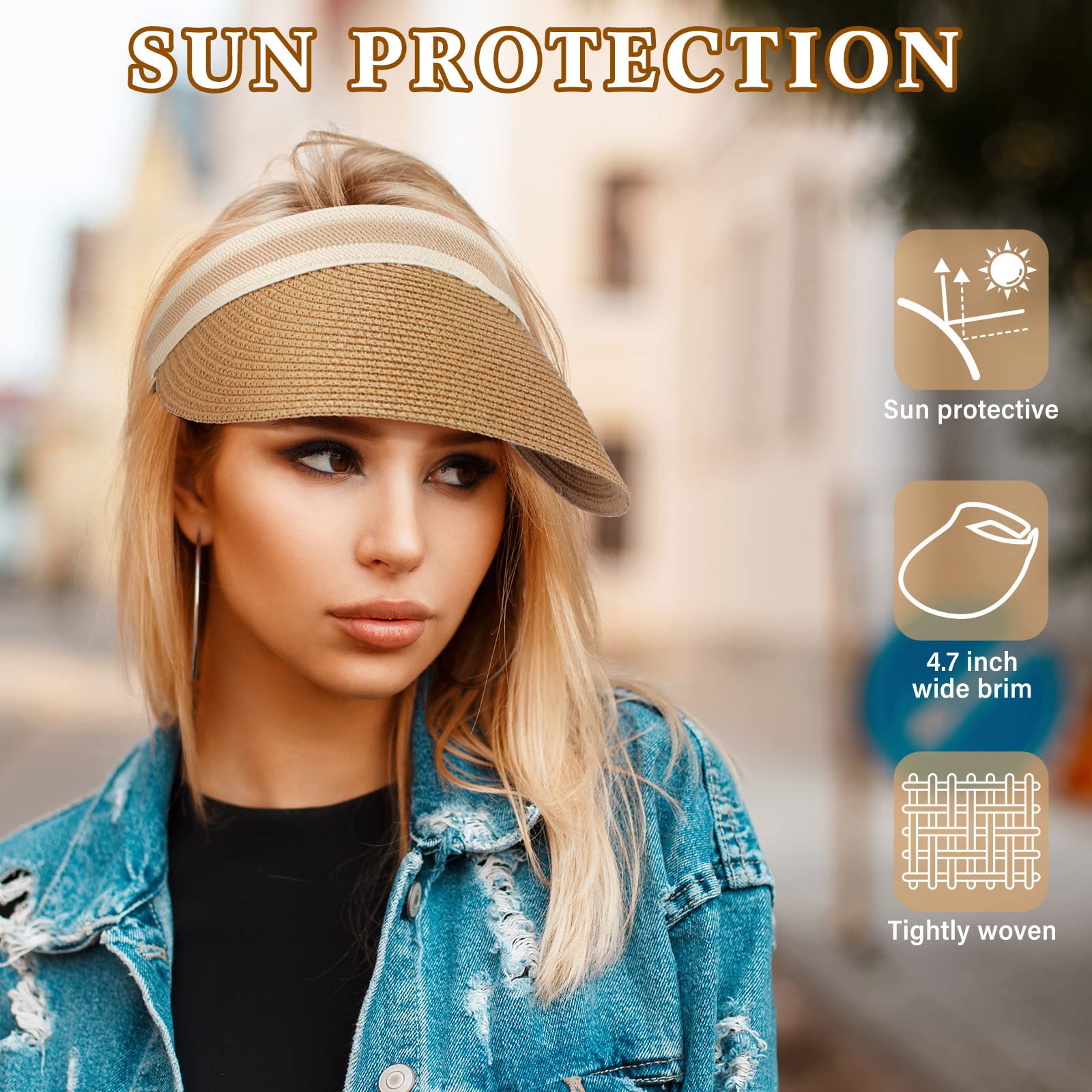 9 Pieces Straw Visors for Women Bulk Wide Brim Sun Visor Hats UV Protection Sun Visors Hats for Summer Beach Golf Outdoor Activities