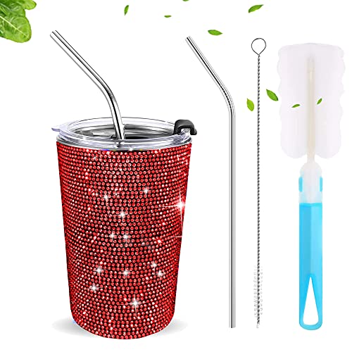 Bling Diamond Straw Cup,17oz Stainless Steel Thermal Bottle,Vacuum Double Wall Insulated Cup Glitter Water Bottle,Bling Cup, Leak-Proof Insulated Coffee Cup for Gym Fitness Travel Office Use(Red)