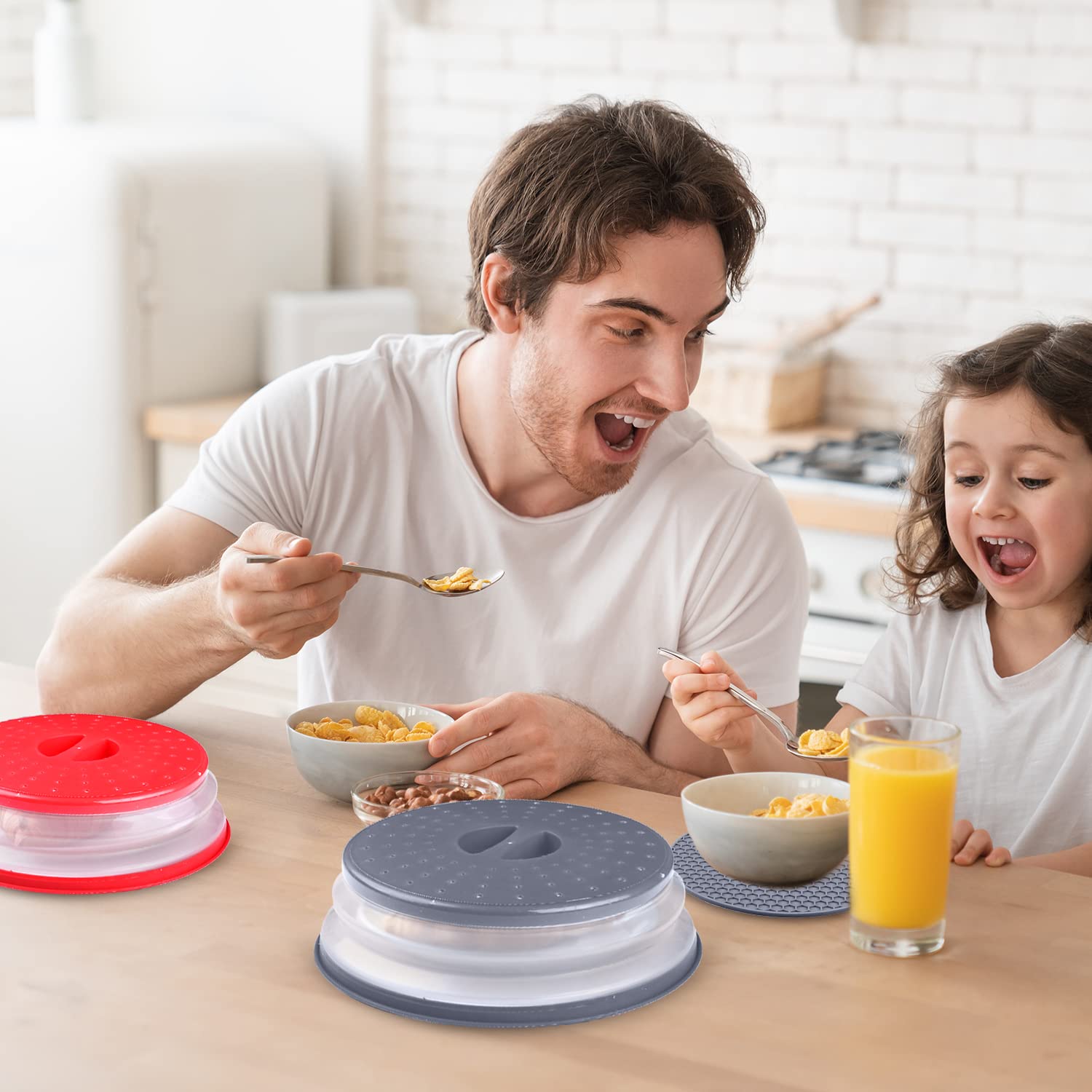 ANZEKE Vented Collapsible Microwave Splatter Cover,Food Cover,Colander Kitchen Gadget,Include Anti-scald Silicone Mats,Dishwasher-safe,BPA-FreeSilicone & Plastic(2Set Grey And Red)