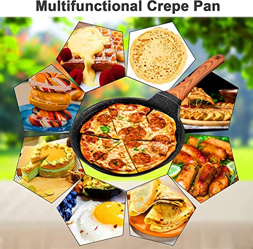 Aoorun Crepe Pan, Pancake Pan, Dosa Tawa Pan Nonstick Flat Griddle Frying Skillet Pan with Granite Coating & Solid Wood Handle for Omelette, Tortillas, Induction Compatible, 10 Inch