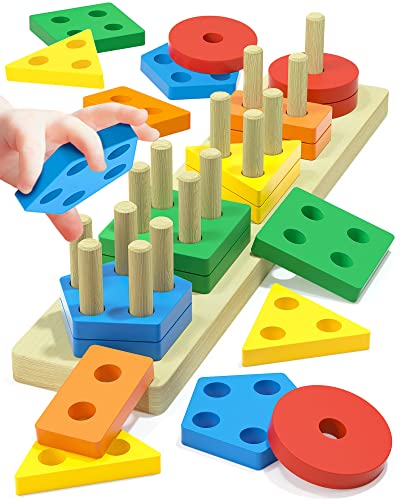 Montessori Toys for 1 2 3 Year Old Boys Girls Toddlers, Wooden Sorting and Stacking Toys for Toddlers and Kids, Preschool, Educational Toys, Color Recognition Stacker Shape Sorter, Learning Puzzles
