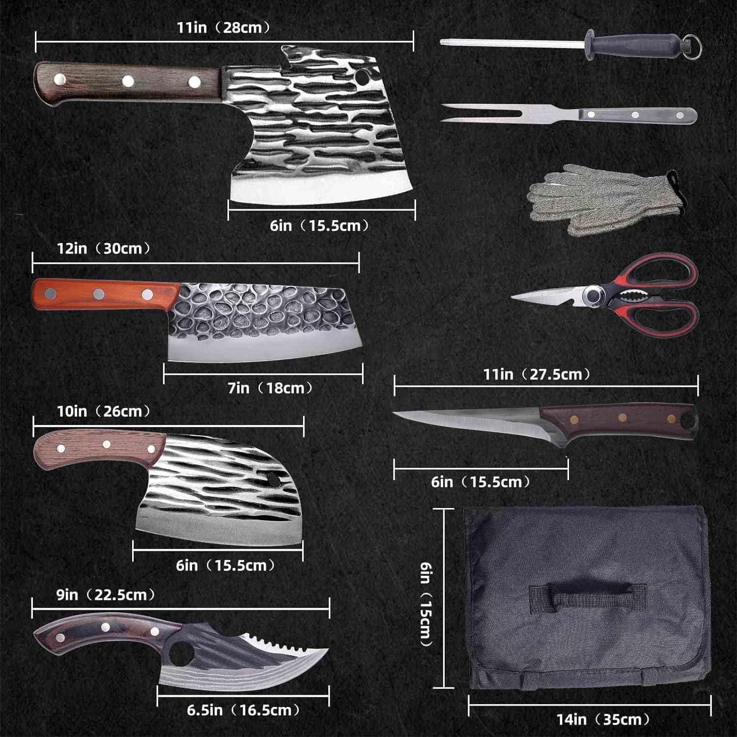tatakook Butcher Chef Knife Set with Bag,High Carbon Steel Meat Cleaver for Meat Cutting Processing,Hand Forged Boning Carving Knife,Vegetable BBQ Camping Viking Knife