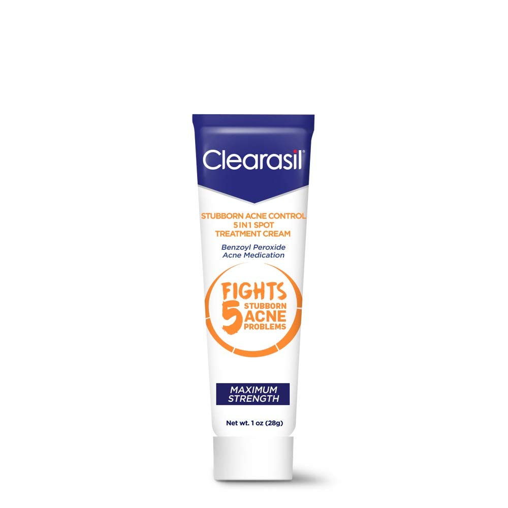 Clearasil Stubborn Acne Control 5 in 1 Spot Treatment Cream, Maximum Strength, Benzoyl Peroxide Acne Medication, Fights Blocked Pores, Pimple Size, Excess Oil, Acne Marks & Blackheads, 1 oz.