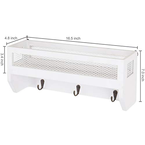 MyGift 16-inch Country Rustic White Wood & Metal Wall-Mounted Storage Wire Mesh Basket Rack w/Key Hooks