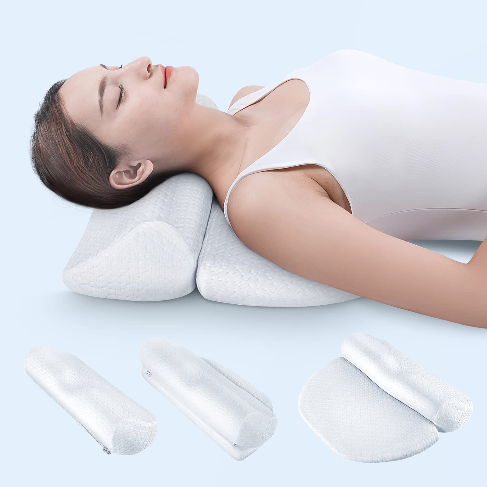 6-IN-1 Adjustable Cervical Neck Pillows for Pain Relief Sleeping, Memory Foam Bolster Pillows with Detachable Pad, Neck Support Pillow for Body Lumbar Knee Leg Back Orthopedic Neck Roll (White)