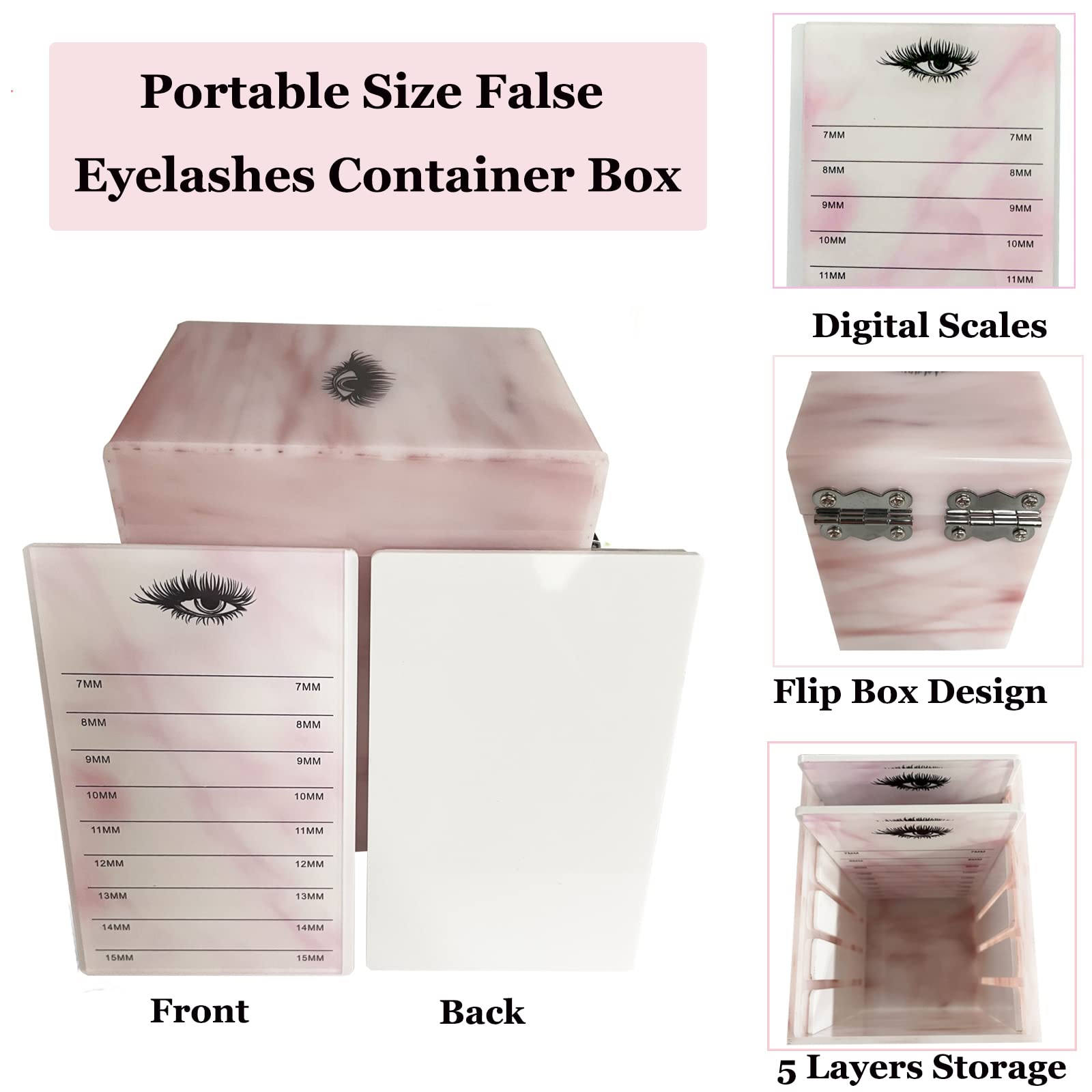 AREMOD 5 Layers Marbled Acrylic False Eyelash Storage Box False Lashes Organizer Case Grafting Eyelashes Holder Tray Lash Display Container (5 Layers-Pink)