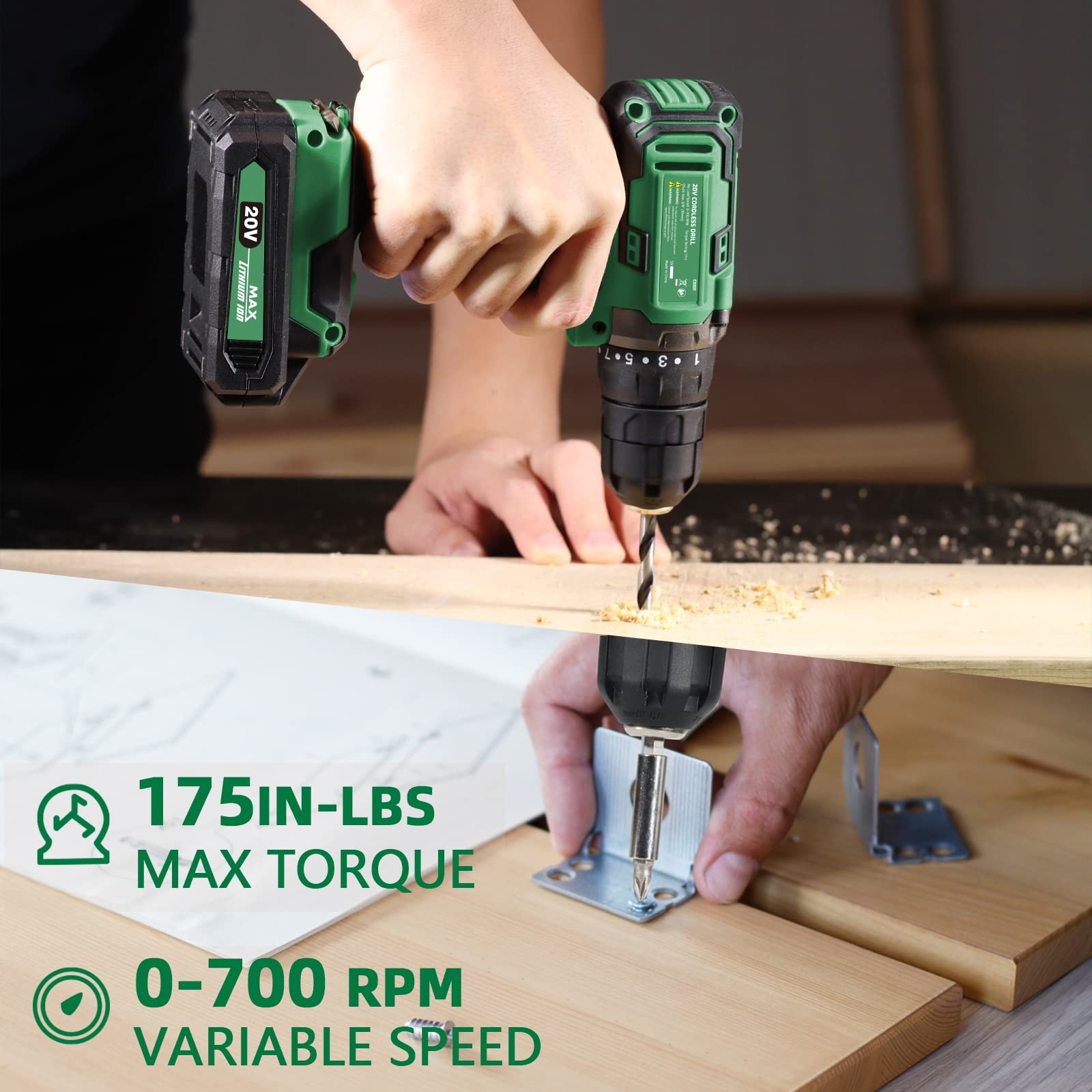 ALTOCRAFT Cordless Drill/Driver Kit 3/8",20V Max Electric Battery Power Drill Set w/22-Piece Accessories,Keyless Chuck,Variable Speed,LED Light,Drilling Wall Wood Metal