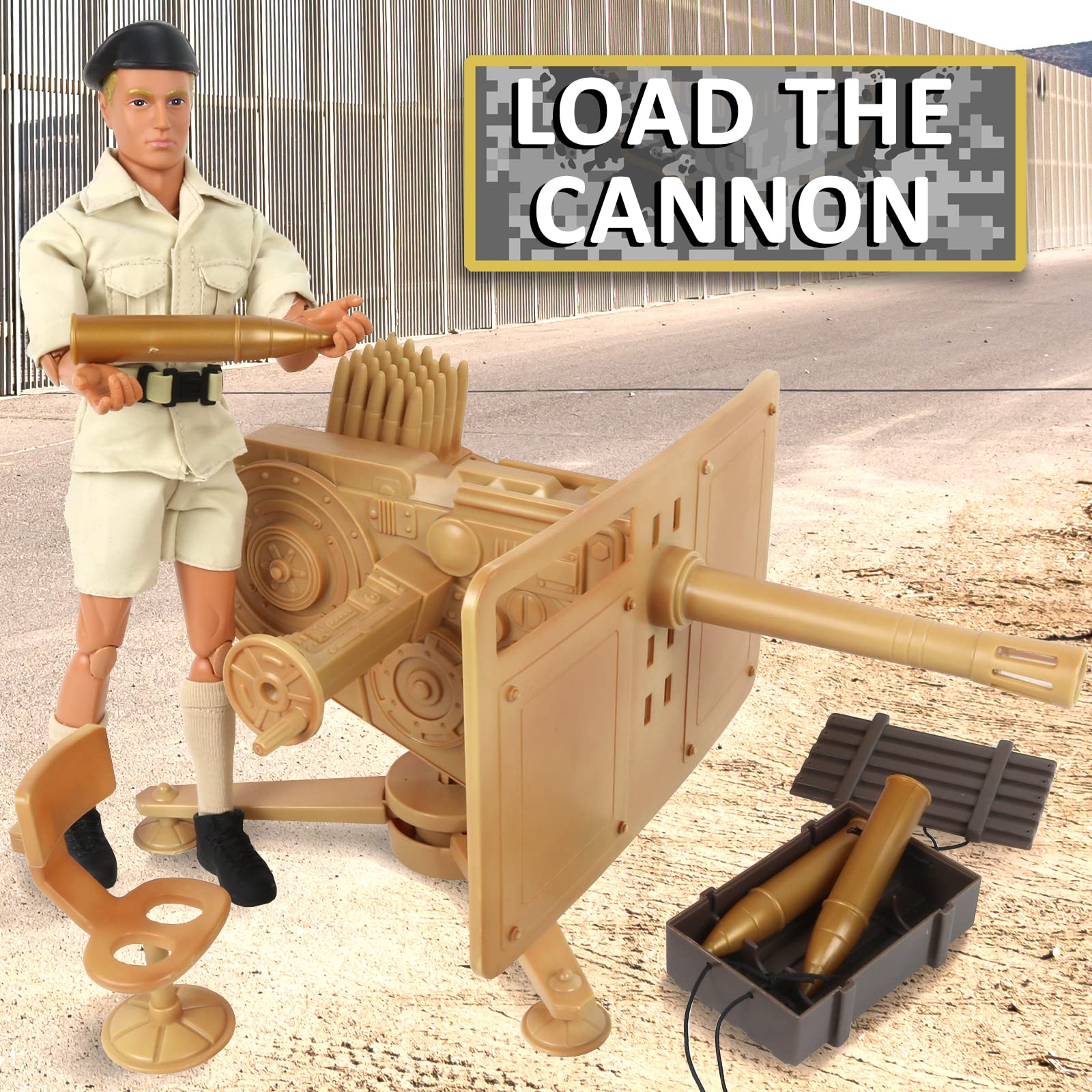 Click N' Play Action Figure WWII Field Gun 5 Piece Set, Military Action Figures and Army Toys for Boys 8-12