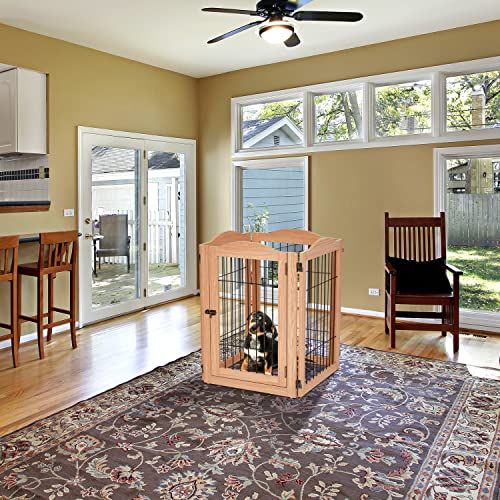 Arf Pets Freestanding Dog Gate with Door, 4 Panel 360° configurable Wooden Wire Fence, 89" Wide, 31.5" Tall, Foldable, Support Feet Included, for The House - Indoor Use