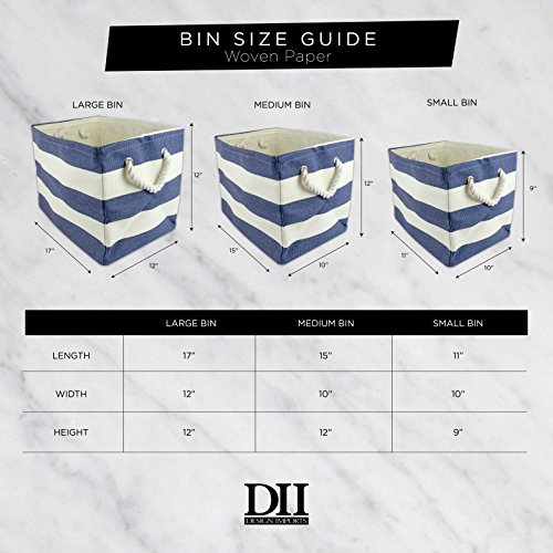 DII Durable Woven Striped Storage Bin Collapsible with Soft Rope Handles Reinforced with Metal Grommets, Medium, 15x10x12, Black