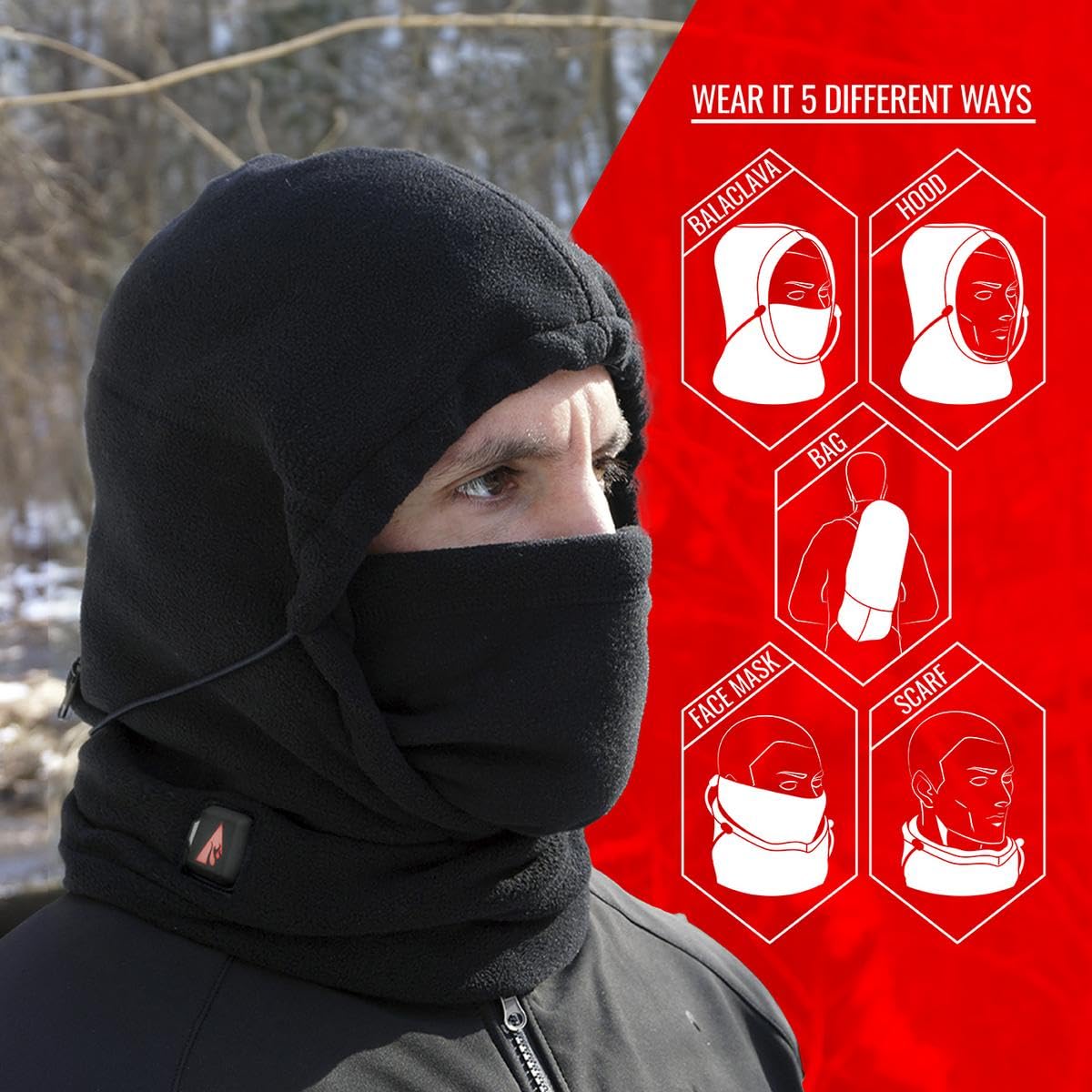 ActionHeat 5V Battery Heated Fleece Balaclava Face Mask Men - Winter Face Mask for Cold Weather, Unisex Heated Hat, One Size Black