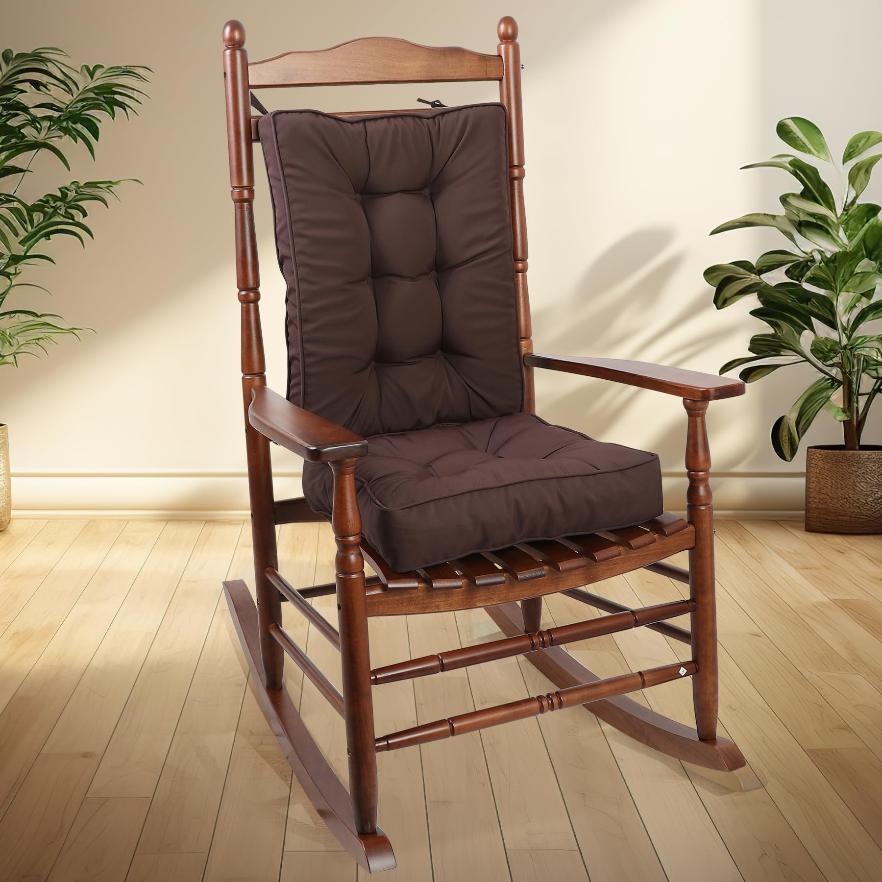 RACE LEAF Rocking Chair Cushion High Back, Non-Slip Patio Chair Cushions Set of Seat & Back Cushion with Ties for Indoor/Outdoor Rocker, Rocking Chair Pads with Memory Foam, Brown