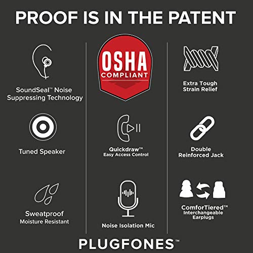 Plugfones Protector Plus VL in-Ear Earplug Earbuds, Noise Reduction Headphones with Noise Isolating Mic and Controls, Black & Red