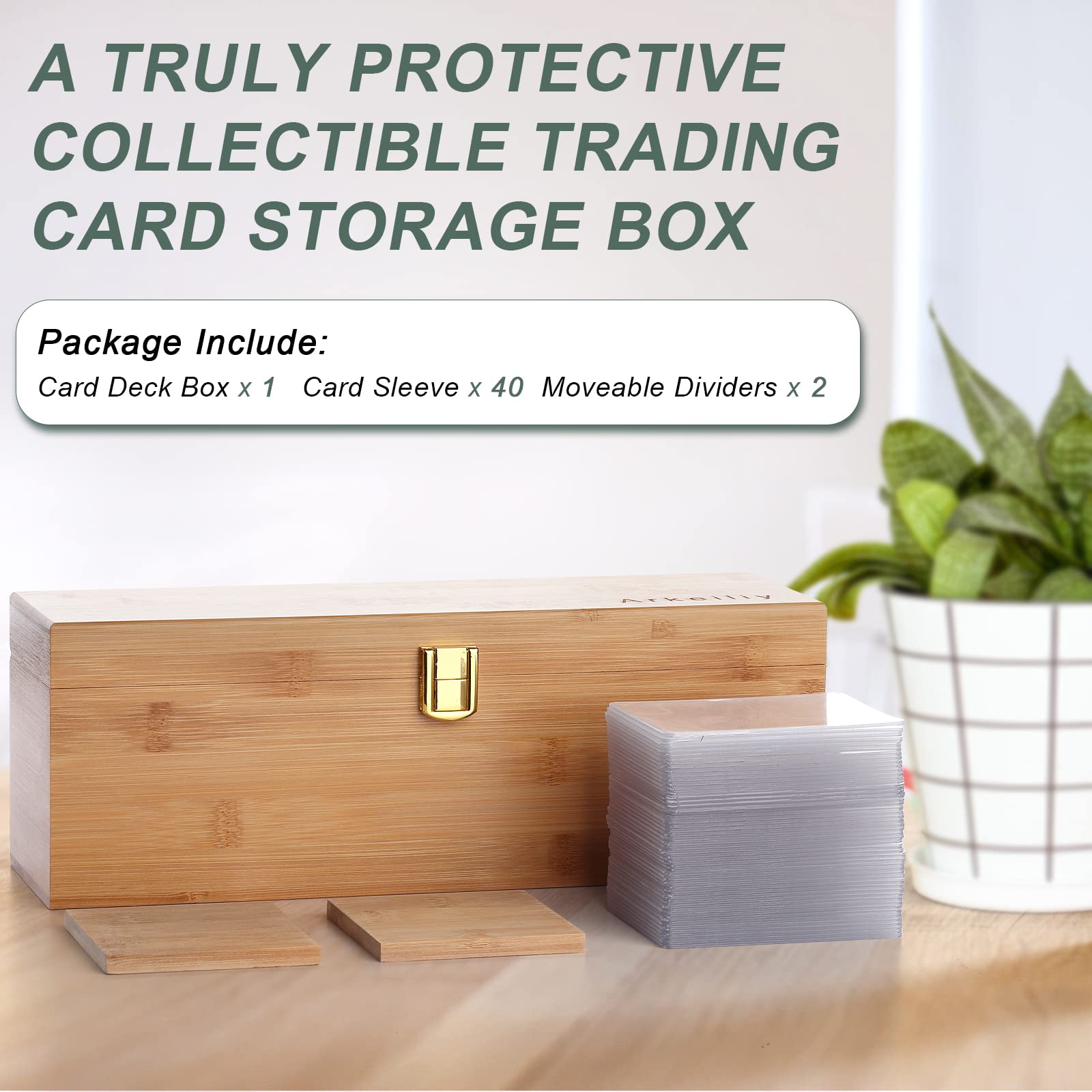 Arkeiliy 600+ Trading Card Deck Box, Card Game Storage Box with 50 Card Sleeves, Wooden Collectible Trading Card Storage Holder Fit for Magic Commander TCG Cards (Medium)