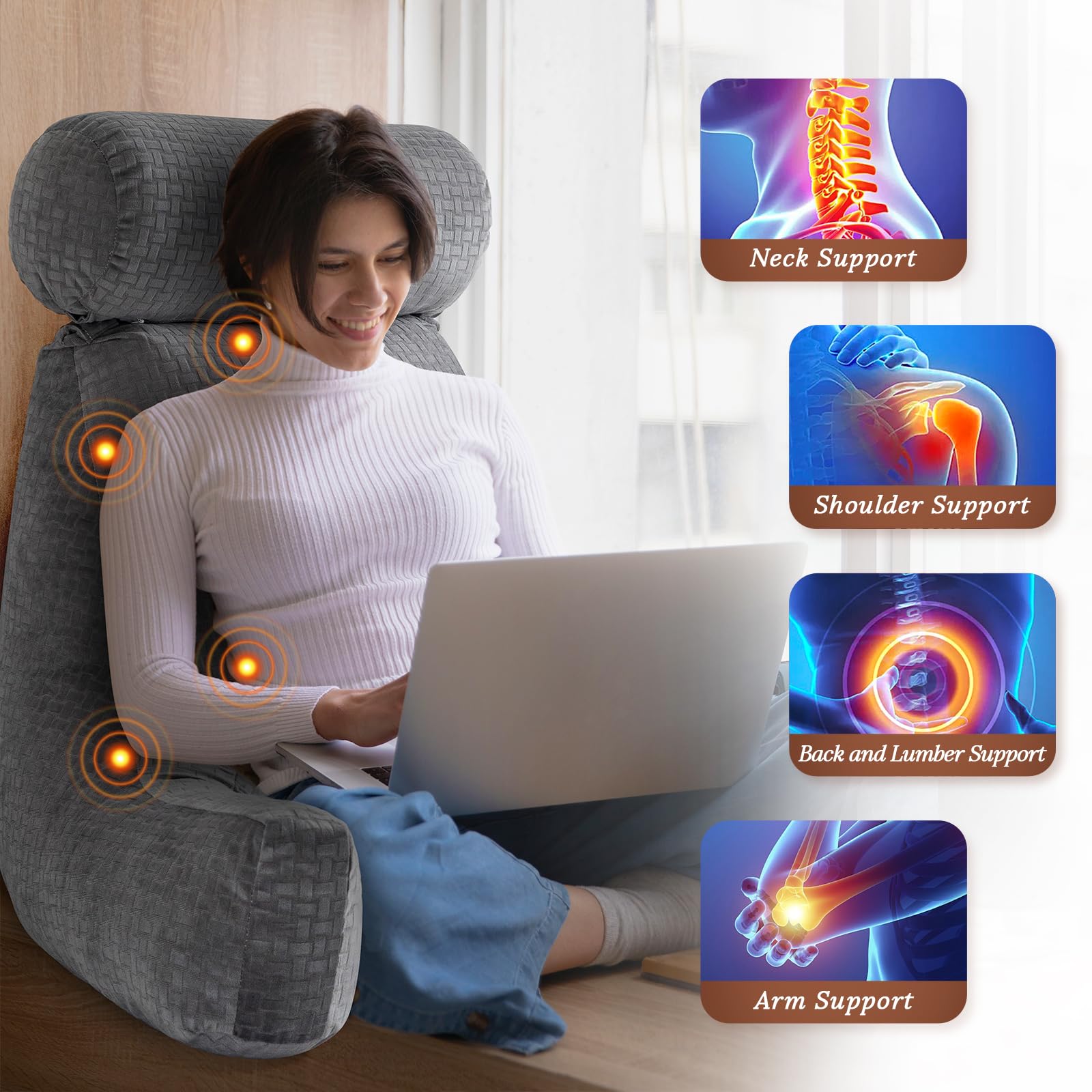 Activance Bed Rest Reading Pillow Sit Up Pillow for Bed Backrest Support Sofa Couch Cushion with Arms, Side Pockets, Detachable Neck Roll for Reading/Bedding/Watching TV/Gaming, Grey