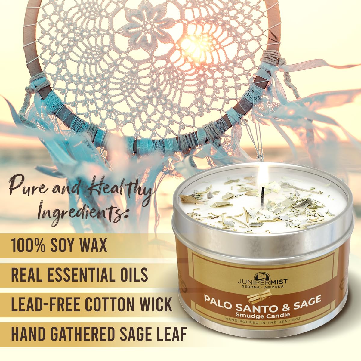 JUNIPERMIST Palo Santo & White Sage Smudge Candle - Pure Soy Candle for Cleansing House Negative Energy, Sedona Based Spiritual Aromatherapy