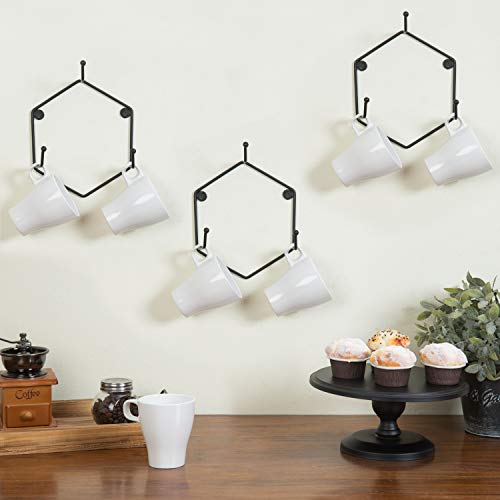 MyGift Wall Mounted Matte Black Metal Coffee Mug Holder Rack with 3 Hooks, Modern Geometric Hanging Mug Holder Set of 6 - Handcrafted in India