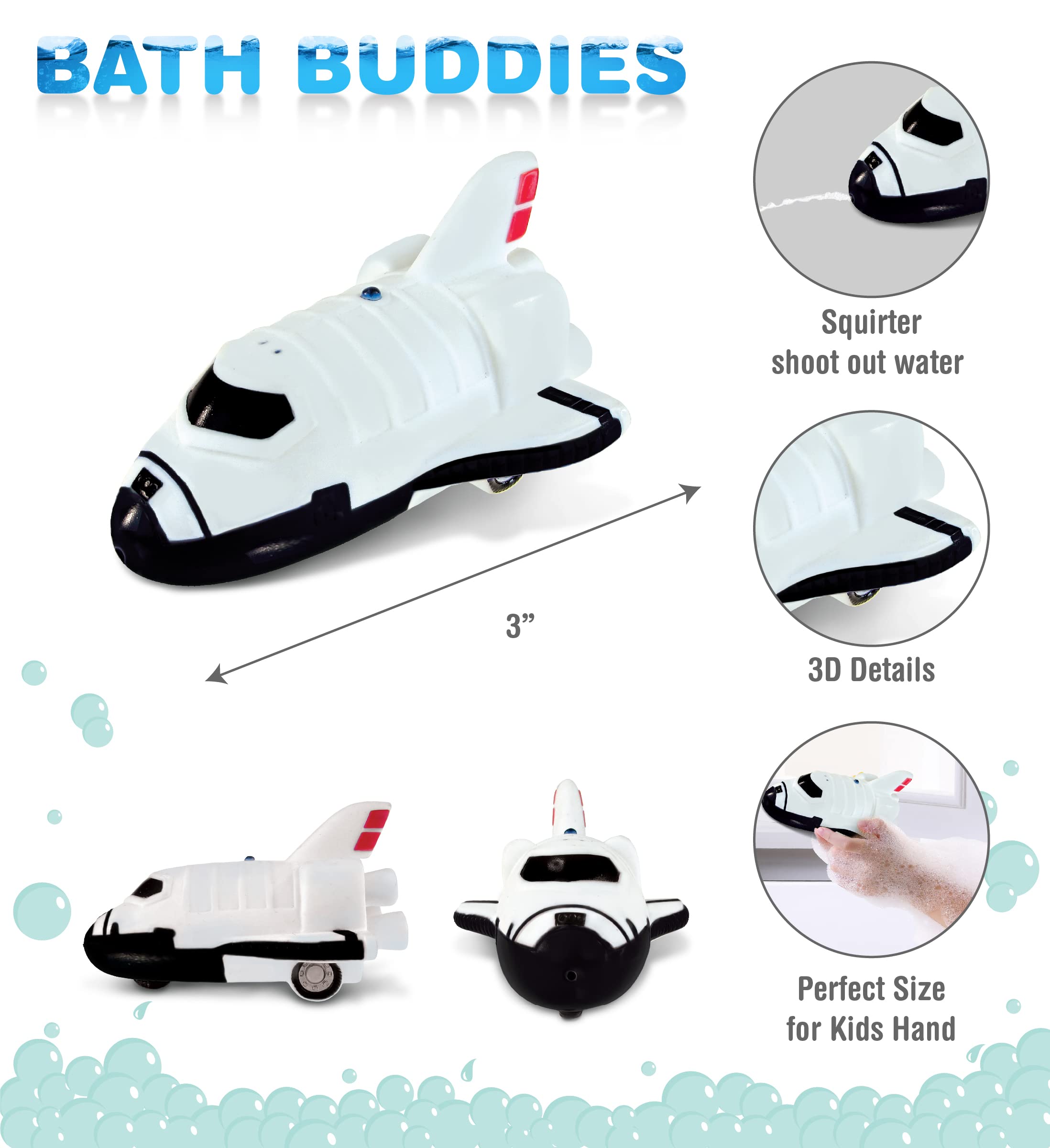 DolliBu Space Shuttle Bath Buddy Squirter - Floating Space Shuttle Rubber Bath Toy, Fun Water Squirting Bathtime Play for Toddlers, Space Plane Toy for Bathtub, Beach, & Pool for Girls & Boys 3 Inch