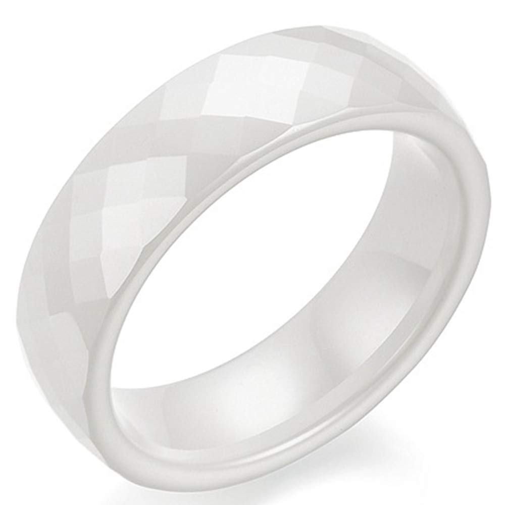 8mm Black White Faced Classic Simple Plain Dome Style Ceramic Wedding Band Ring (White, 7)