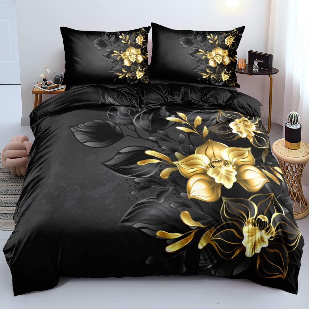 Holiyjog Gold Flowers Duvet Cover Set Black Color Background Comforter Covers Queen Size Boho Bedroom Bedding Sets Queen Size