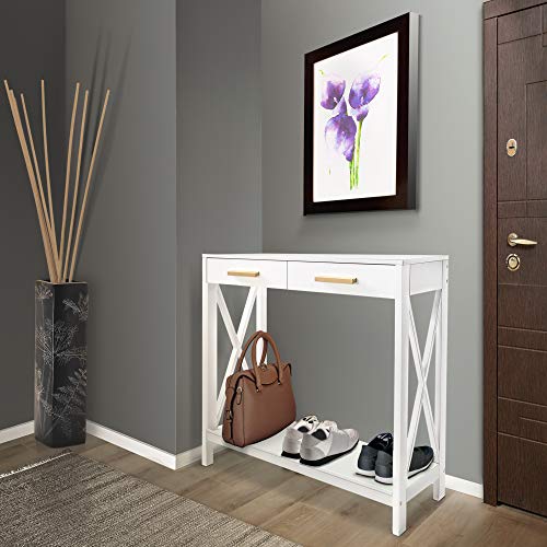 Prosumer's Choice White 2-Tier 2-Drawer Compact Sofa and Console Table, Elegant Entryway, Hallway,Foyer, Accent Side Table for Living Room, Office, Corridor