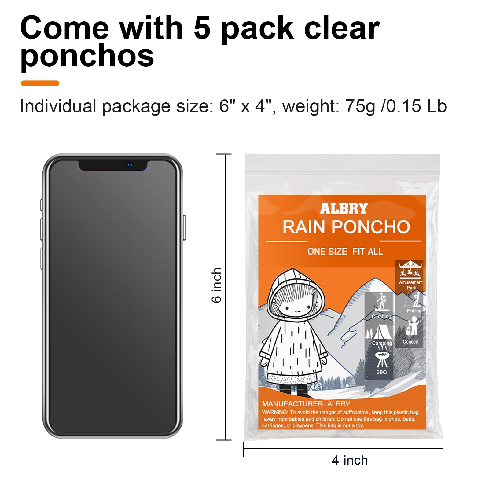 ALBRY Disposable Rain Ponchos for Adults with Drawstring Hood - Emergency Rain Ponchos Family Pack for Women and Men,Clear