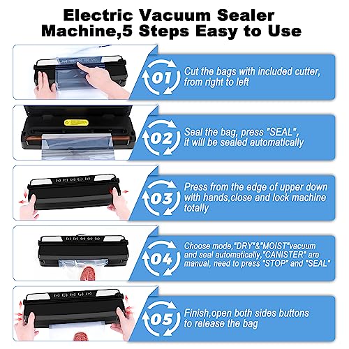 Food Vacuum Sealer 8 PCS Food Vacuum Sealer Machine 8 in 1 Automatic Vacuum Sealer with Cutter&Dry&Moist Vacuum and Seal and 3 Rolls Bags Starter Kits for Home and Kitchen