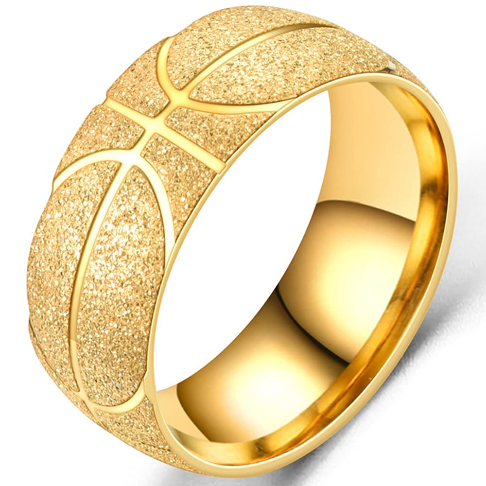 8mm Stainless Steel Basketball Pattern Brushed Sports School Band Style Ring (Gold, 10)