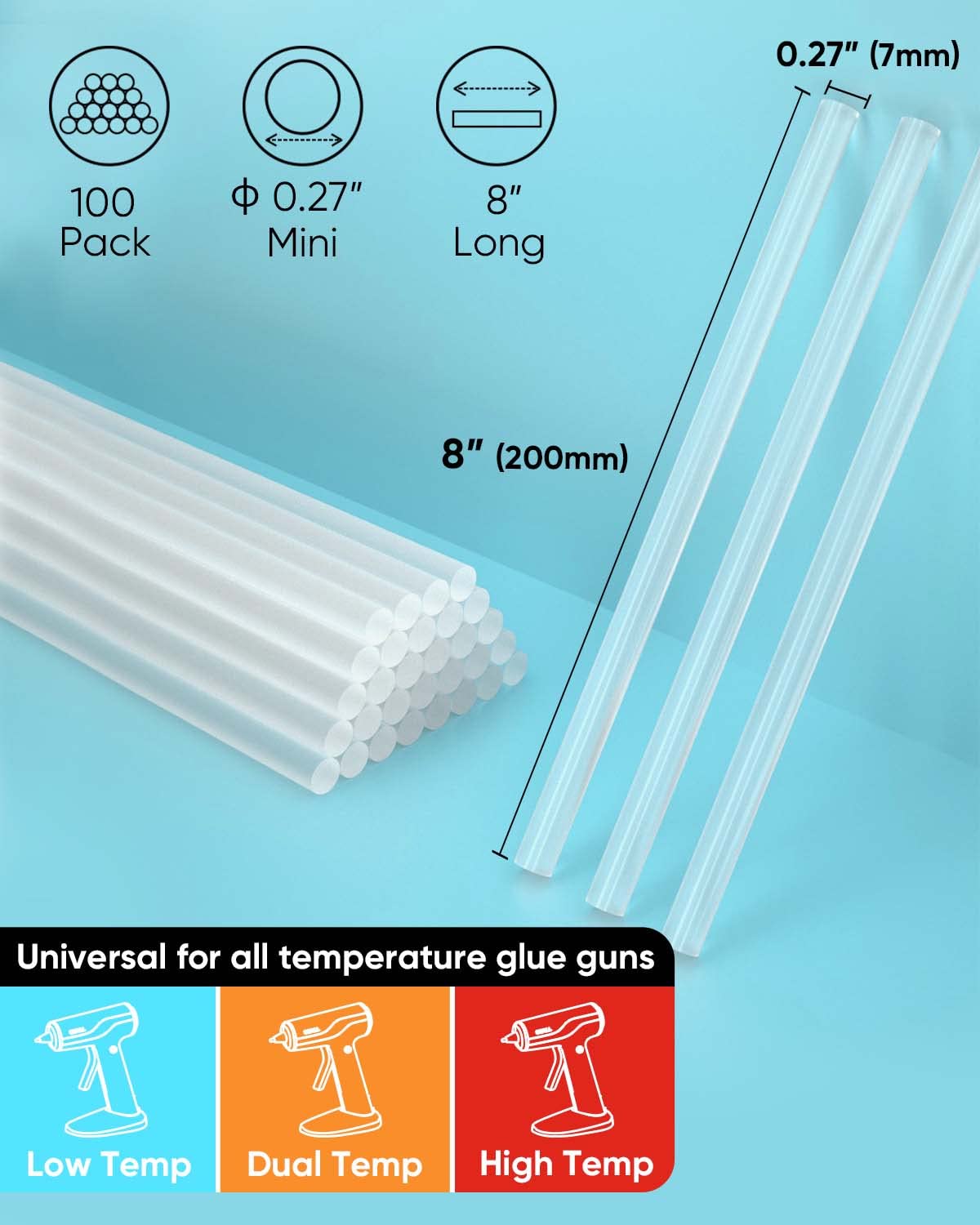 SHALL Mini Hot Glue Sticks, 0.27β Dia x 8β Long, 100-pack Clear Hot Melt Glue Gun Sticks for All-temp Mini Glue Guns, Multipurpose for Kids Adults DIY Art Craft Sealing Repairing Festival Decoration