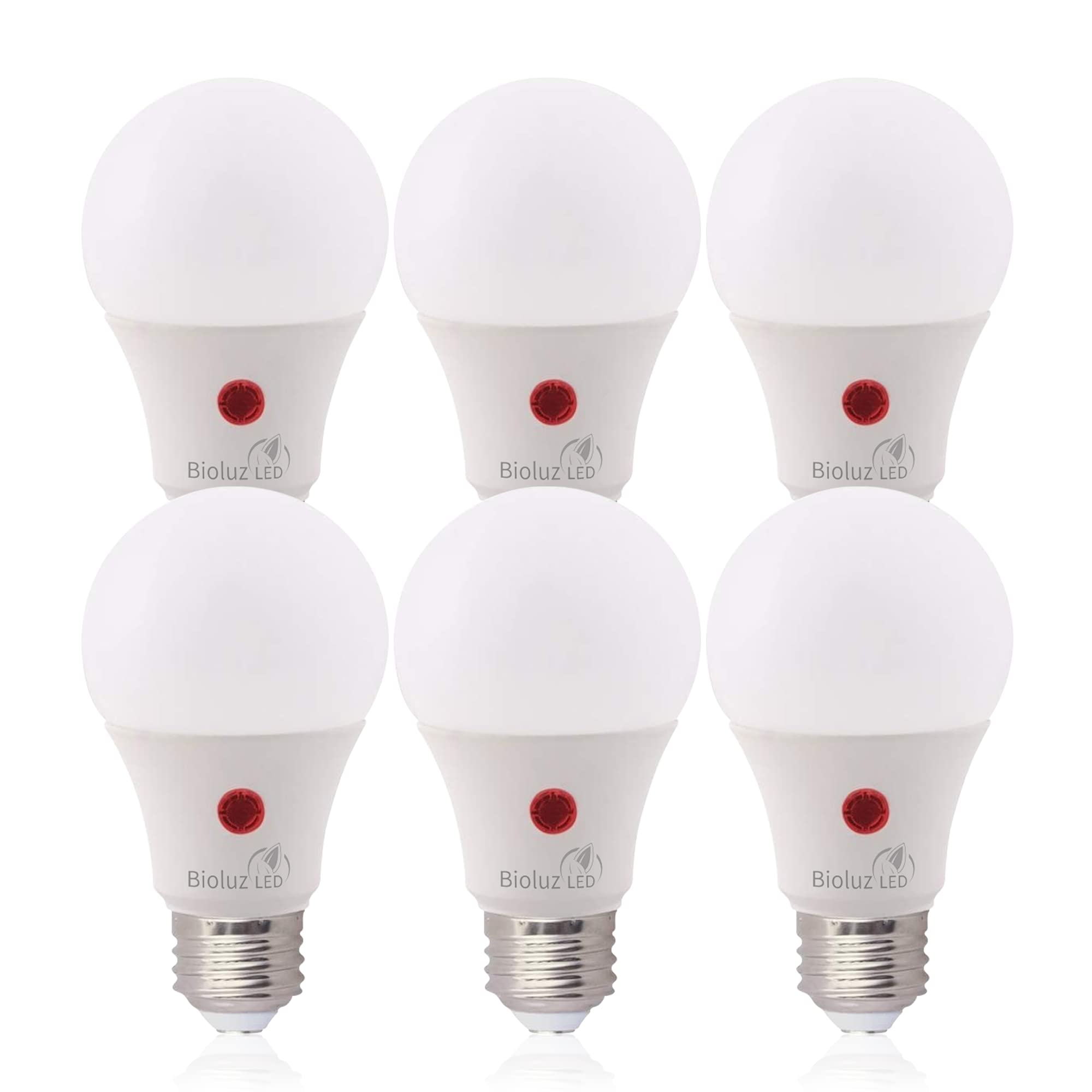 6 Pack Bioluz LED Dusk to Dawn A19 Bulb Auto On/Off 9W= 60W Replacement Photocell Photosensor Instant ON and 3 Min Delay Off 3000K Soft White Indoor/Outdoor Lighting, Lamp Hallway Yard Porch UL Listed