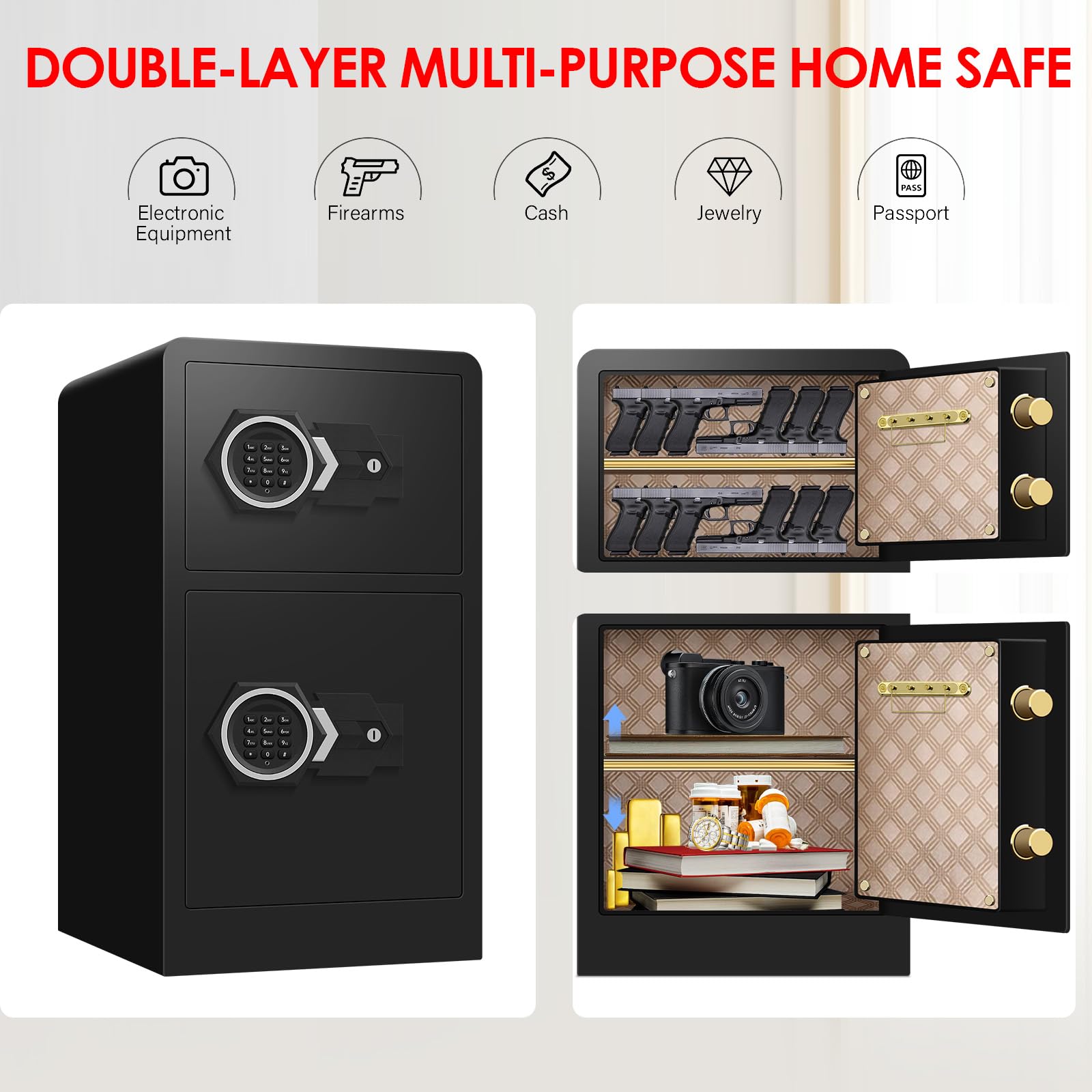 6.1 Cu ft Extra Large Home Safe Fireproof Waterproof, Anti-Theft Digital Home Security Safe Box With Hidden Compartment, Double Safes, Separate Lock Box and Led Light(31.1" x 17.0" x 15.9")