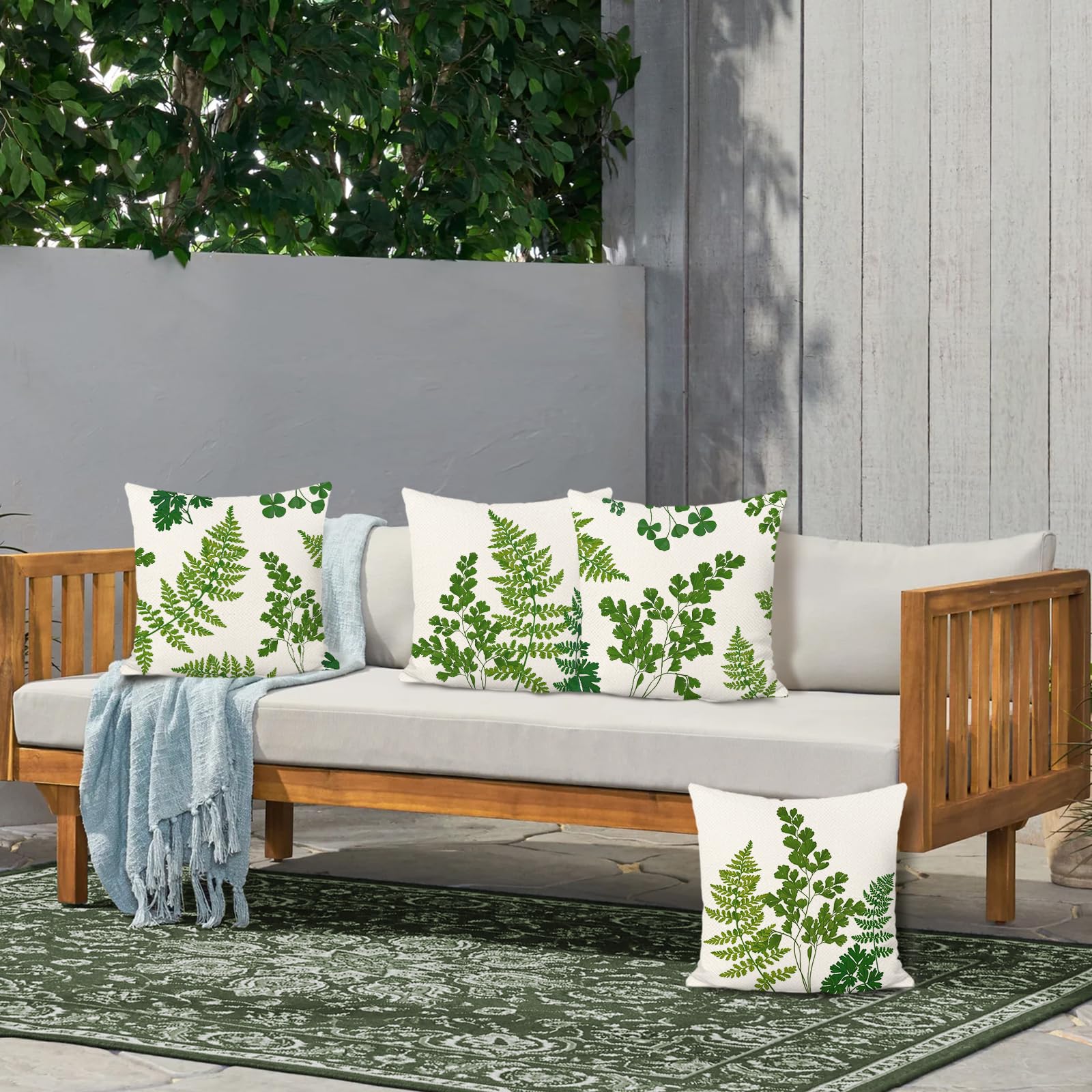 Bonhause Green Leaves Fern Throw Pillow Covers 18x18 Set of 4 Spring Summer Botanical Foliage Decorative Throw Pillow Cases Linen for Sofa Garden Couch Home Decor