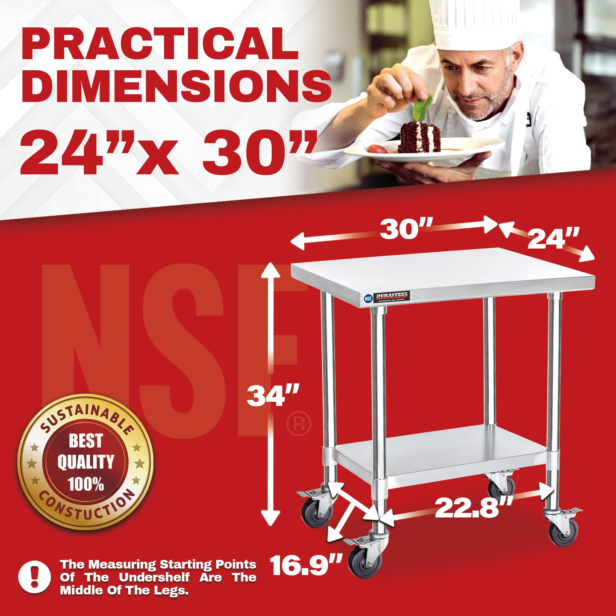 DuraSteel Food Prep Stainless Steel Table - 24 x 30 Inch Metal Table Cart - Commercial Workbench with Caster Wheel - NSF Certified - For Restaurant, Warehouse, Home, Kitchen, Garage, Chrome