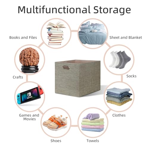 ArcaGuru 13x15x13 Storage Cube Bins, Linen Foldable Fabric Storage Cubes, Storage Cubes Baskets Box with Handles for Shelves, Closet, Wardrobe, Bookcase, Bedroom, 4 Pack, Coffee