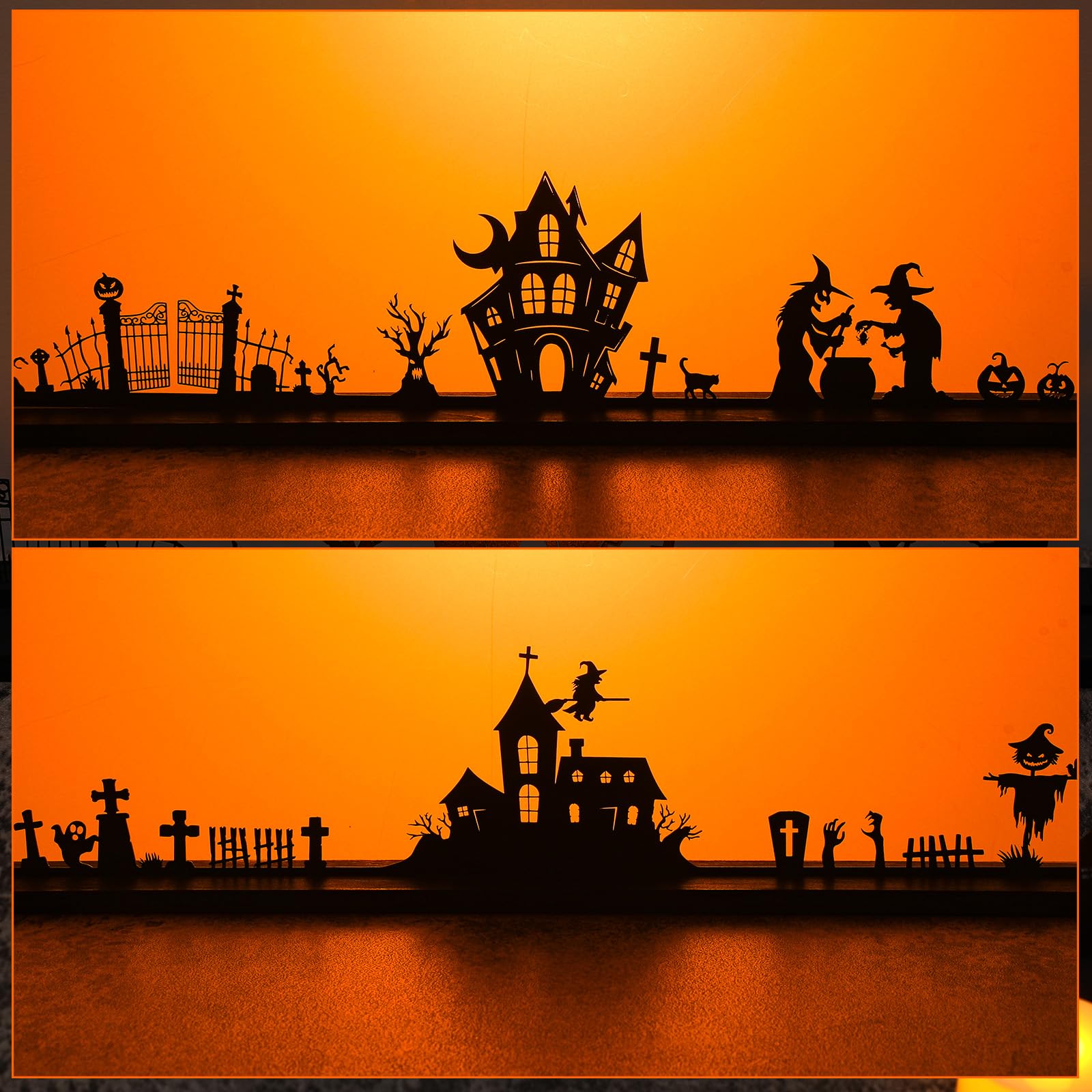 Amyhill 2 Pcs Halloween Metal Table Decorations 15.8 Inch Silhouette Haunted House Cemetery Signs Black Spooky Halloween Witch Cauldron Ghost Detachable Tabletop Centerpiece Decor for Home Table Shelf