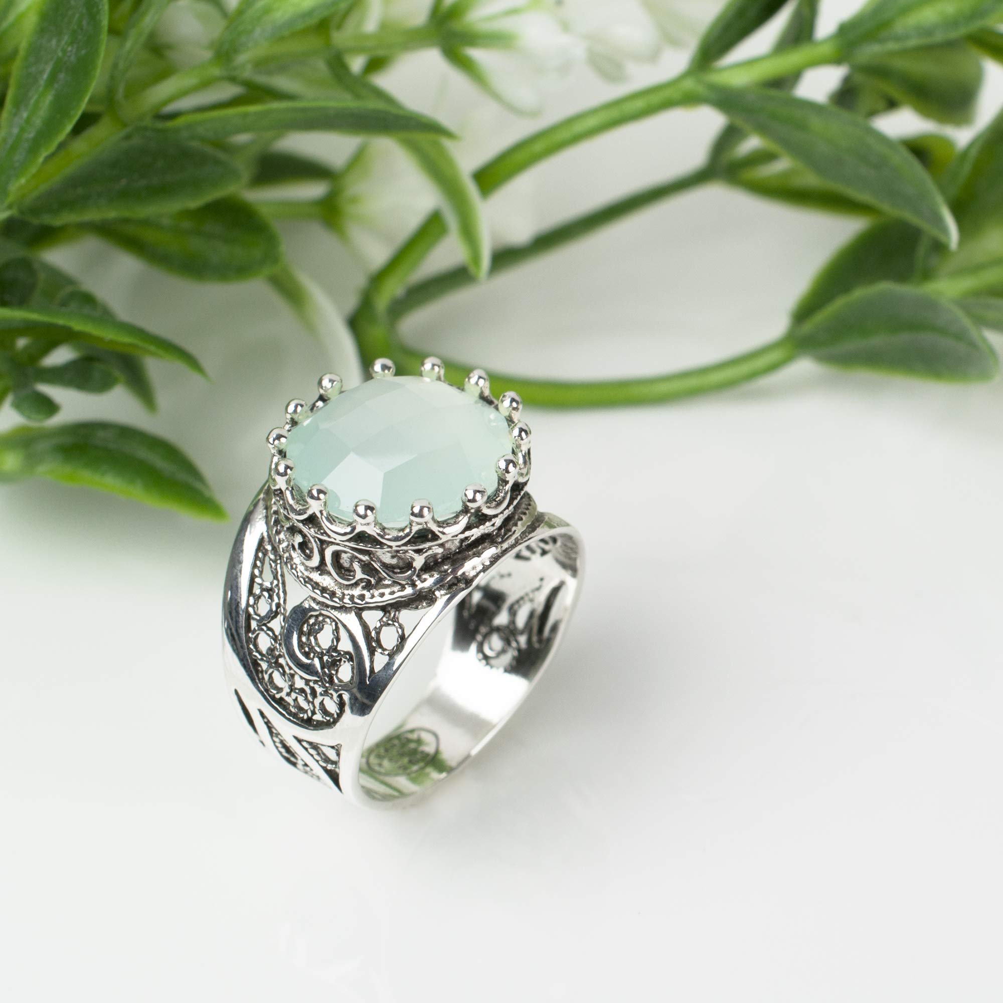 925 Sterling Silver Aqua Chalcedony Filigree Paisley Ring (Size 5-12) (6)