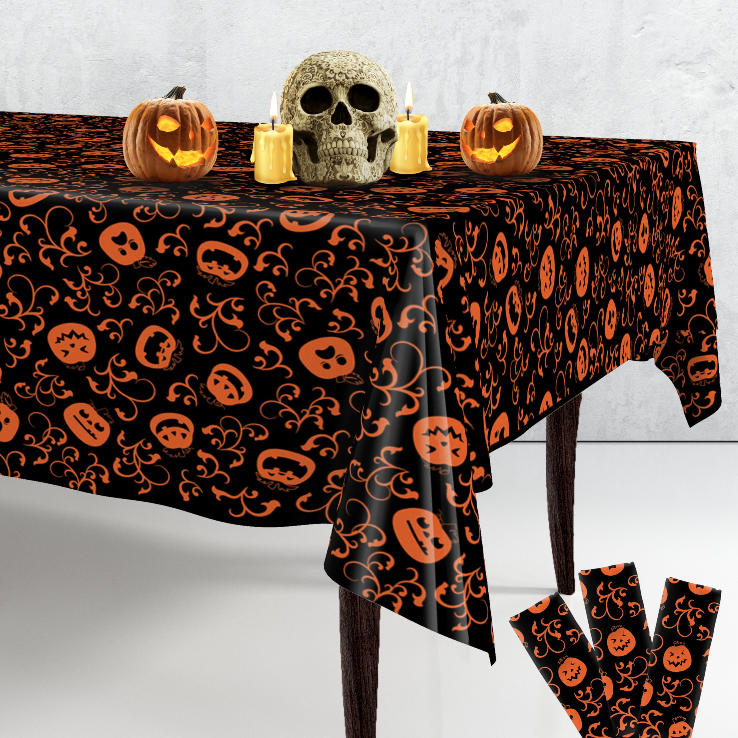 KatchOn, Pumpkin Halloween Tablecloth Plastic - 54x90 Inch, Pack of 3 | Pumpkin Tablecloth, Black and Orange Halloween Table Covers | Halloween Table Cloth Disposable, Pumpkin Halloween Decorations