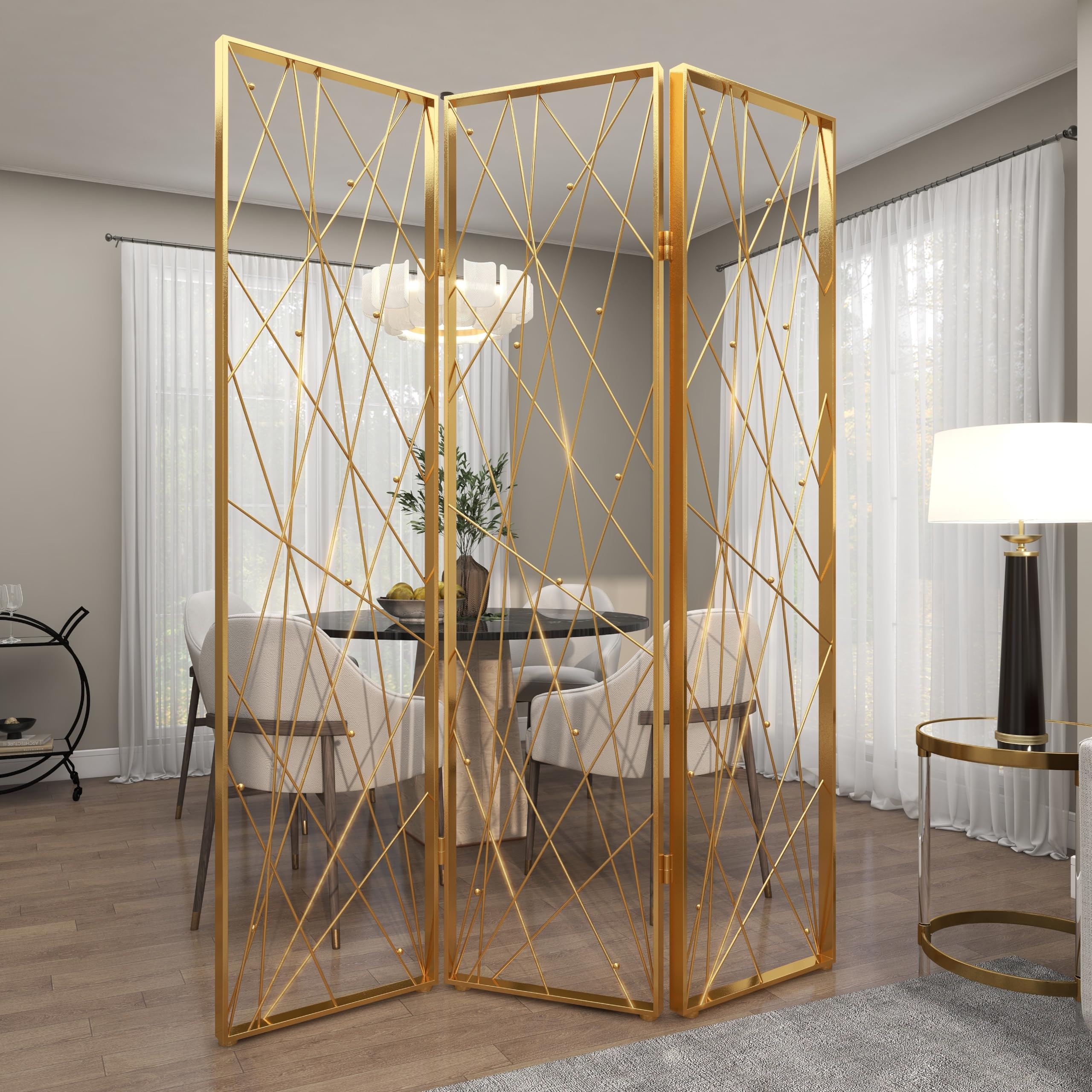 Deco 79 Metal Abstract Partition Room Divider Screen Foldable Partition Wire Rod 3 Panel Privacy Screen with Small Ball Accents, Room Partition 59" x 2" x 79", Gold