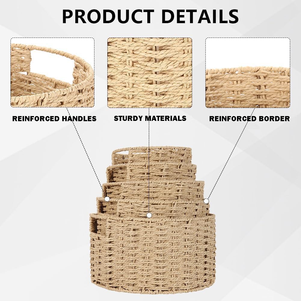Airsnigi Round Wicker Storage Basket, Paper Rope Large Woven Basket Hand-Woven With Handles, Wicker Baskets for Organizing/Storage, 5 Pack