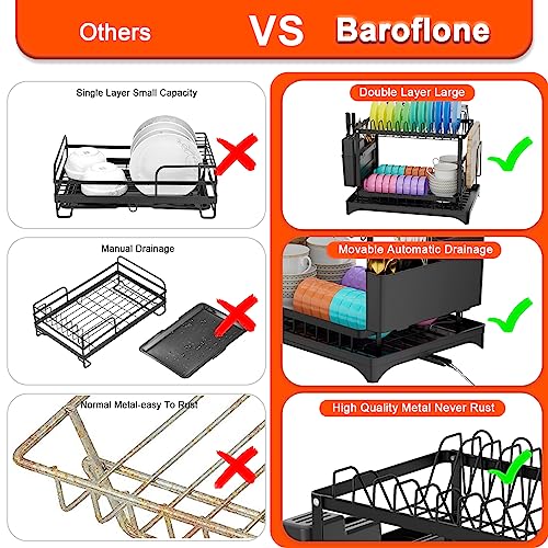 Baroflone Dish Drying Rack, 2 Tier Dish Drying Rack Large Capacity, Rust-Proof Stainless Steel Dish Racks for Kitchen Counter with Drainboard, Cutting Board Holder - Black