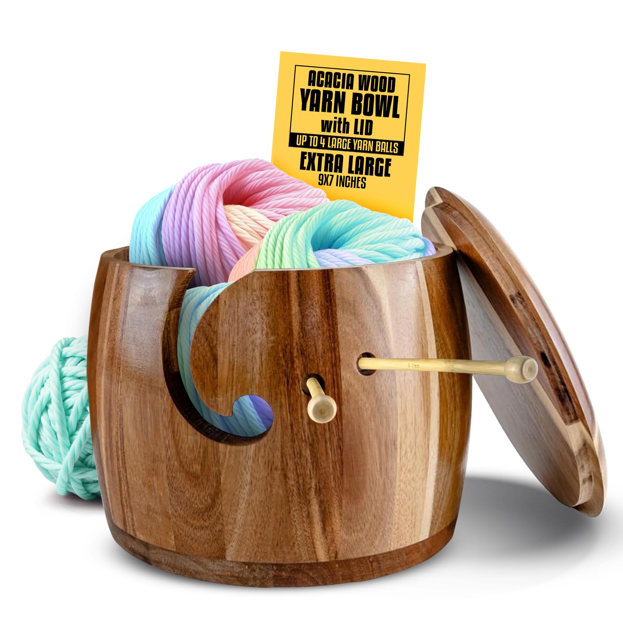 Tyck Design's Large Wooden Yarn Bowl with Lid - 9x7 Inch XL Acacia Wood Holder for Knitting, Crocheting & Macrame - Extra Big & Strong Yarn Storage