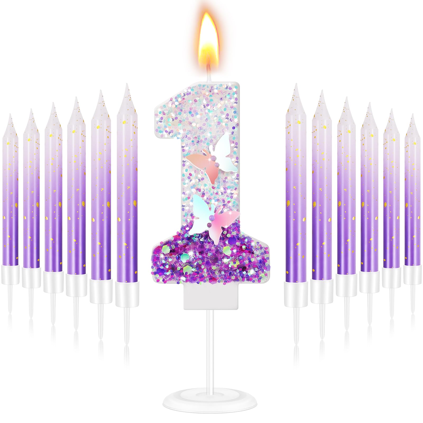Amylove Purple Butterfly Number 1 Birthday Candle for Cake with 6 Long Thin Cupcake Candles Girls Sparkling Candles Sequin Glitter Purple Candle for Women Girl Anniversary Wedding